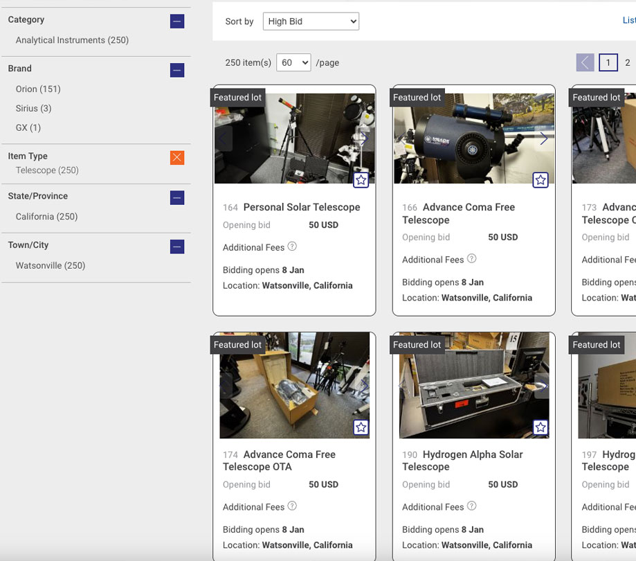 Telescope warehouse auctions